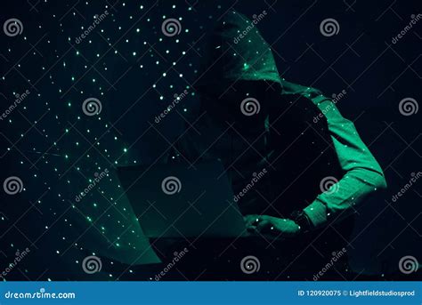Toned Picture Of Silhouette Of Hacker In Hoodie Stock Image Image Of Gadget Adult 120920075