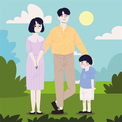 한국의 가족 부모와 아들 프리미엄 벡터