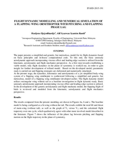 Pdf Flight Dynamic Modelling And Numerical Simulation Of A Flapping Wing Ornithopter With