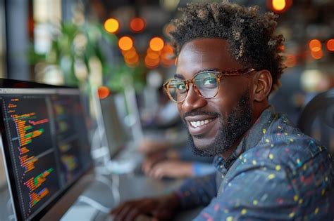 Smiling Black Man Coding On A Computer In An Office Setting Premium Ai Generated Image