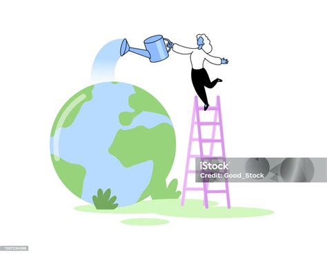 지구 지구 행성에 물을 젊은 여성 지구 생태 개념을 돌보는 자원 봉사자 환경 자연 보호 만화 벡터 일러스트레이션입니다 플랫 스타일 흰색 배경에 격리 개념에 대한 스톡 벡터