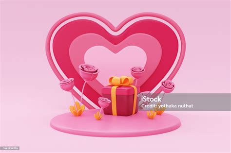 행복한 발렌타인 데이 장미와 분홍색 하트 모양으로 주위에 선물 상자가 있는 발렌타인 데이에 대한 프로모션 디스플레이 배경 3d 렌더링 2월에 대한 스톡 사진 및 기타 이미지