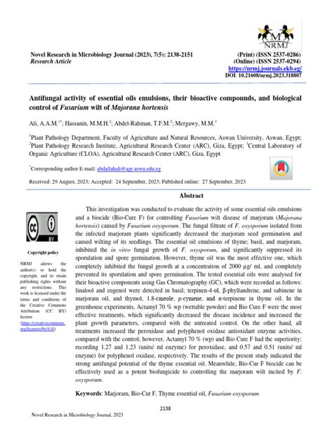 Antifungal Activity Of Essential Oils Emulsions Their Bioactive Compounds And Biological