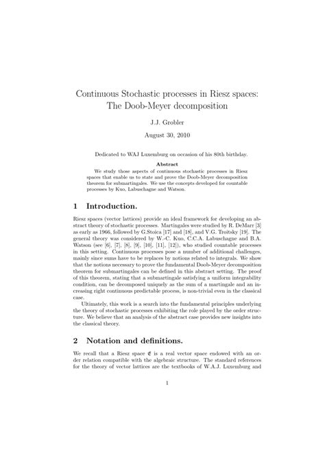 Pdf Continuous Stochastic Processes In Riesz Spaces The Doob Meyer