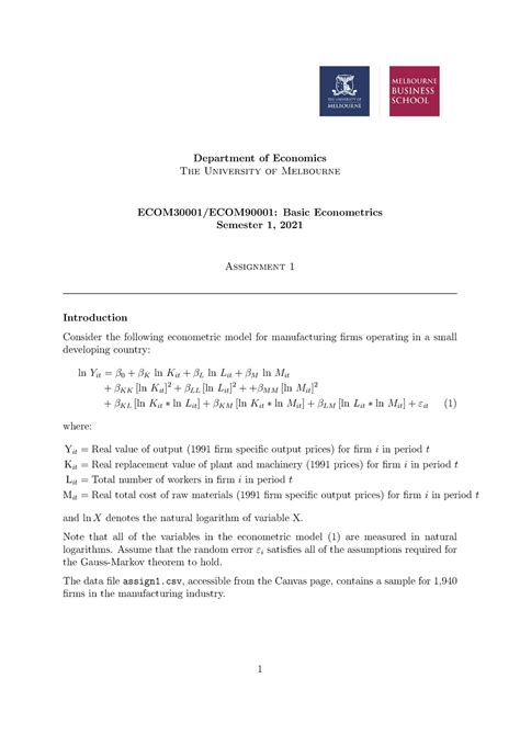 assign 1 department of economics the university of melbourne