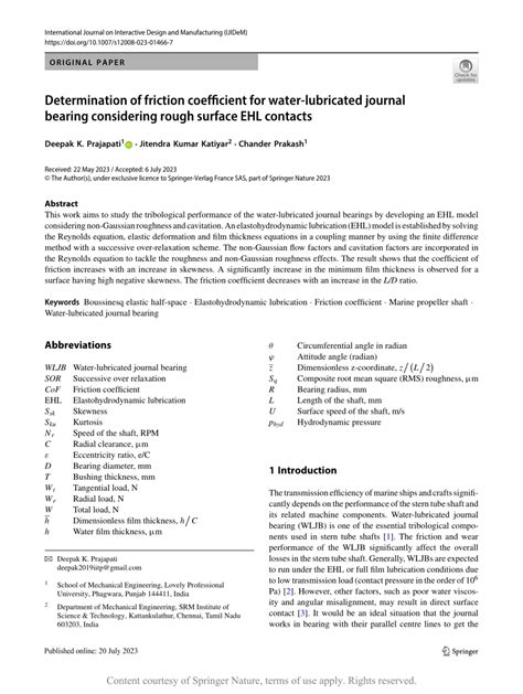 Determination Of Friction Coefficient For Water Lubricated Journal Bearing Considering Rough