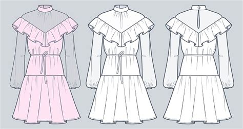 깎아 지른듯한 세부 기술 패션 일러스트가있는 미니 드레스 주름진 드레스 패션 플랫 기술 도면 템플릿 긴 소매 칼라 특대형 전면 및 후면보기 화이트 핑크 색상 여성 Cad