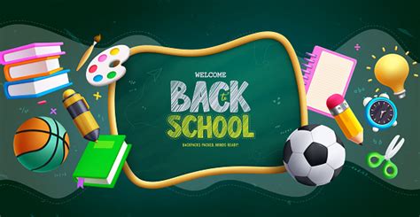 학교 텍스트 벡터 템플릿으로 돌아 가기 3d 교육 요소가 있는 타이포그래피를 위한 칠판 공간의 학교 인사말 텍스트에 오신 것을