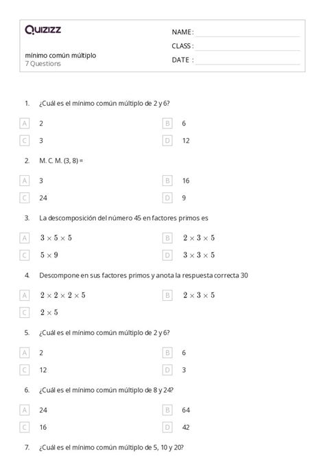 Mínimo Común Múltiplo hojas de trabajo para Grado en Quizizz Gratis e Imprimible