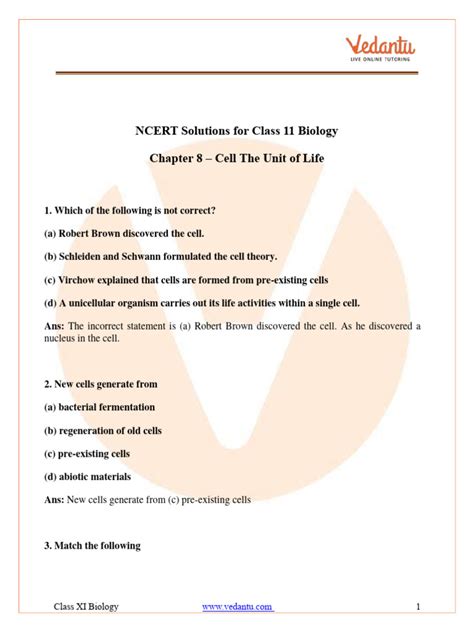 Ncert Solutions Class 11 Biology Chapter 8 Cell The Unit Of Life Pdf Pdf Cell Biology