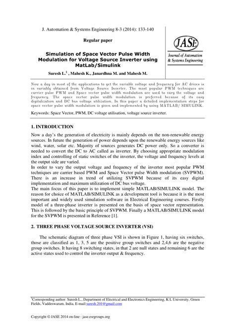Pdf Simulation Of Space Vector Pulse Width Modulation For Voltage Source Inverter Using Matlab