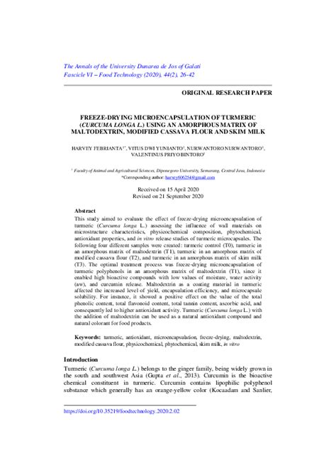 Pdf Freeze Drying Microencapsulation Of Turmeric Curcuma Longa L Using An Amorphous Matrix