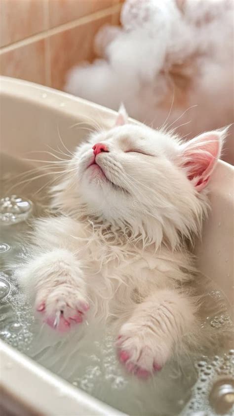 White Kitten Looking Utterly Content While Taking A Relaxing Bath Stock