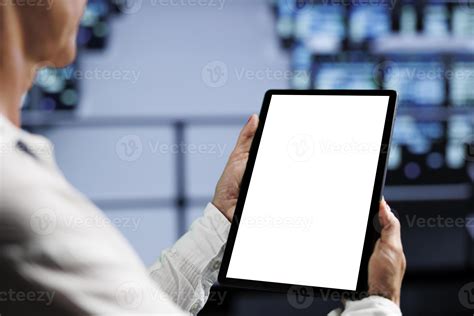 close up shot of mock up tablet used by licensed it expert in data