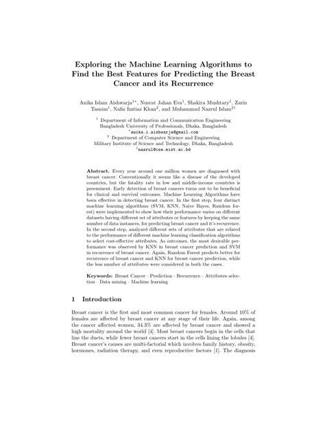 Pdf Exploring The Machine Learning Algorithms To Find The Best Features For Predicting The