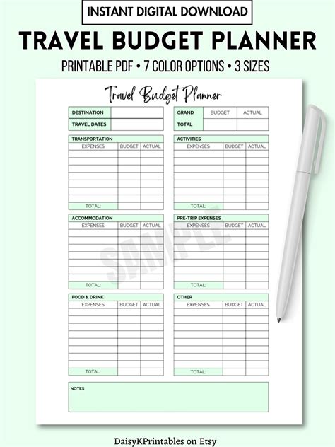 Travel Budget Planner Digital Download Printable Pdf Vacation Budget