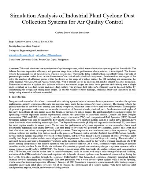 simulation analysis of industrial plant of cyclone dust collection