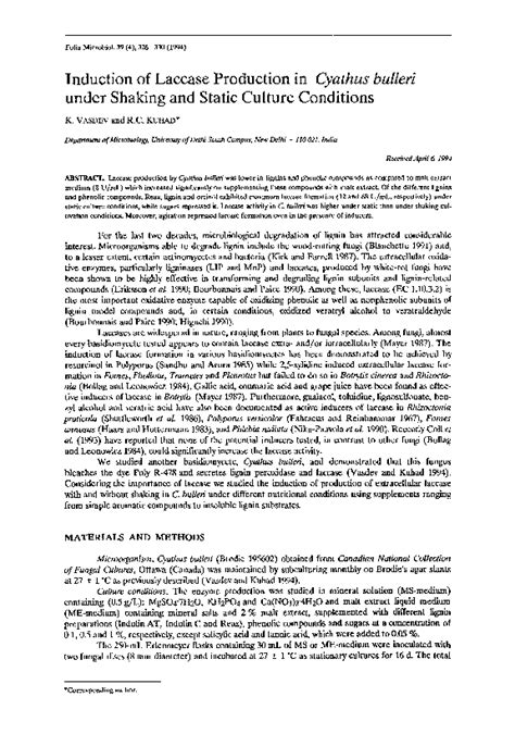 Pdf Induction Of Laccase Production Incyathus Bulleri Under Shaking And Static Culture Conditions