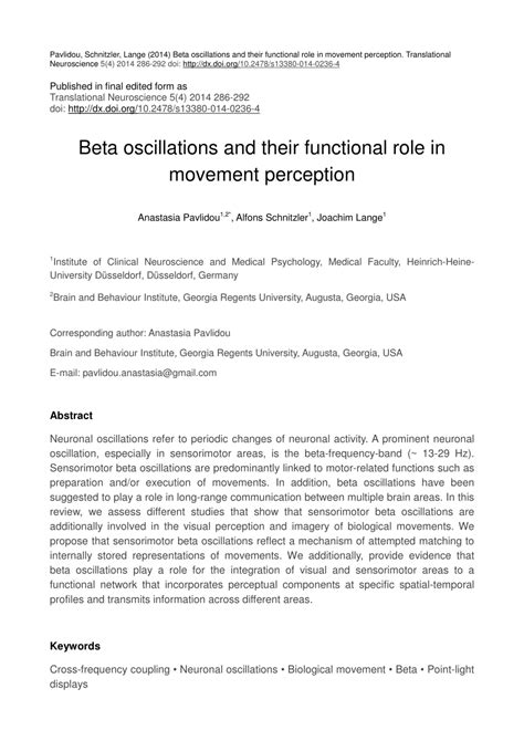 Pdf Beta Oscillations And Their Functional Role In Movement Perception