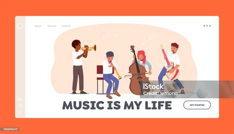 어린이음악 방문 페이지 템플릿을 재생합니다 다양한 악기 트럼펫 더블베이스 바순 기타를 가진 학생들 음악에 대한 스톡 벡터 아트 및 기타 이미지 Istock