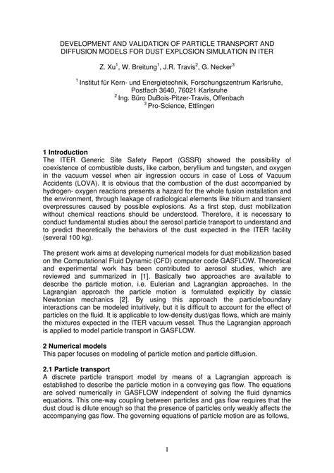 pdf development and validation of particle transport and diffusion models for dust explosion