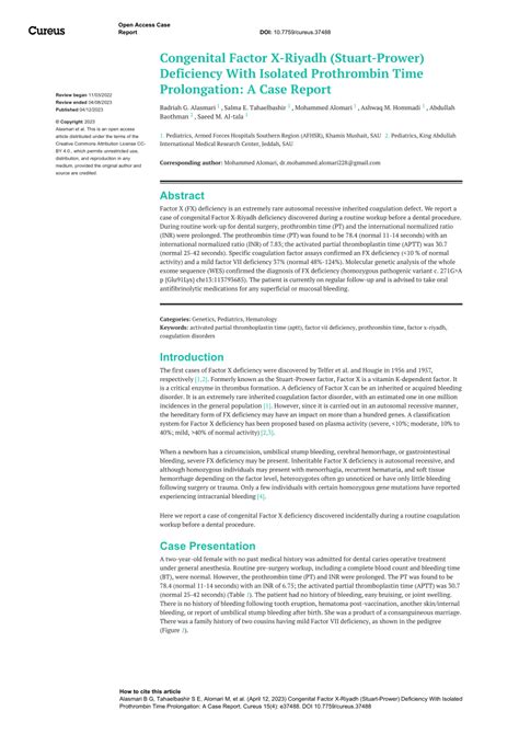 Pdf Congenital Factor X Riyadh Stuart Prower Deficiency With Isolated Prothrombin Time