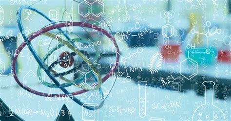 Image Of Chemical Compounds And Scientific Formulas Over Atom Model In Laboratory Stock Image