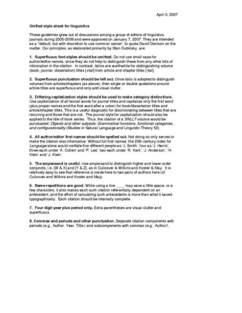 Unified Style Sheet For Linguistics Syntactic Theory Ling 721 Docsity