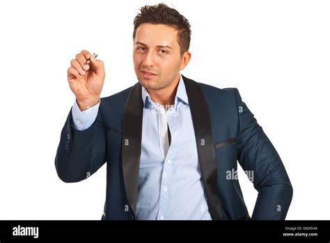 Executive Man Holding Pencil And Writing Isolated On White Background