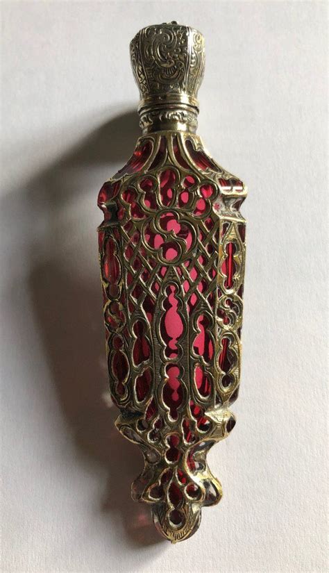 Complete Salt Flask In Red Crystal And Silver Hand Fans Vintage Flask Antique Flask Unique