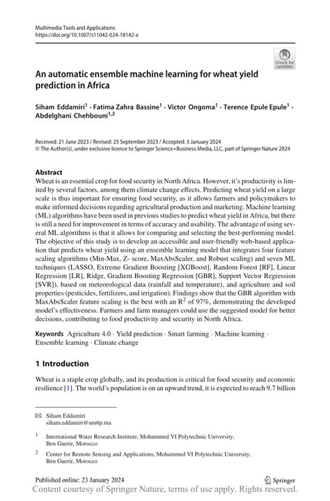 An Automatic Ensemble Machine Learning For Wheat Yield Prediction In Africa Request Pdf