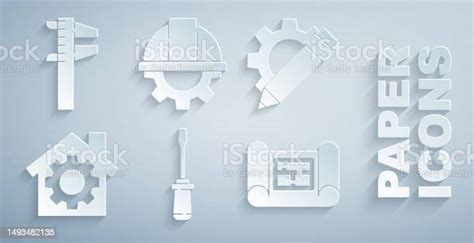 드라이버 연필 및 장비 집 계획 작업자 안전 헬멧 및 캘리퍼 캘리퍼스 스케일 아이콘을 설정합니다 벡터 3차원 형태에 대한 스톡