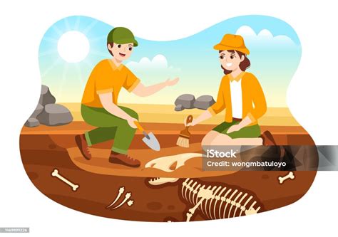 고고학자들과 함께하는 화석 삽화는 발굴에서 공룡 골격을 발견하거나 평평한 만화 손으로 그린 템플릿에서 토양층을 파냅니다 고고학에 대한 스톡 벡터 아트 및 기타 이미지