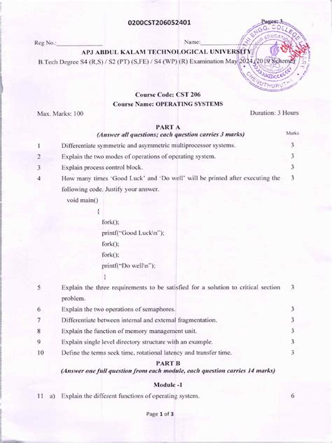 cst206 operating system may 2024 pdf