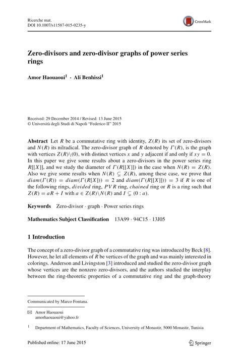 Pdf Zero Divisors And Zero Divisor Graphs Of Power Series Rings