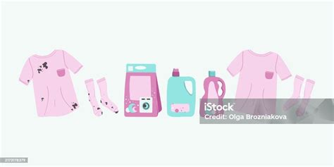 세탁기에서 세탁하기 위한 세제 세트 깨끗하고 더러운 옷 티셔츠와 양말 먼지 얼룩이 있고 세탁 된 옷 가정용 세제 및 청소 제품