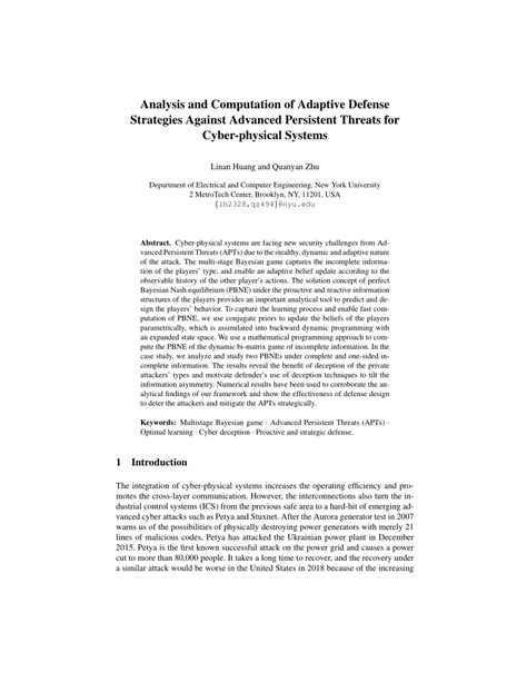 Pdf Analysis And Computation Of Adaptive Defense Strategies Against Advanced Persistent