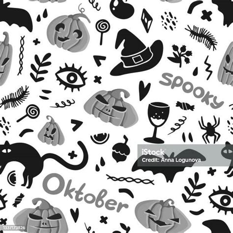 흰색에 신비한 요소의 할로윈 원활한 패턴 다채로운 만화 일러스트 디지털 페이퍼 홈 데코르 선물 포장 및 섬유에 대한 완벽한 으스스한 휴일 텍스처 벡터 0명에 대한 스톡 벡터