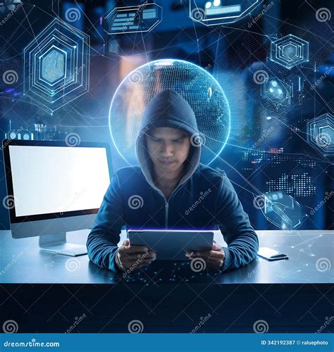 Cybersecurity Threat Hacker In A Hoodie Attempts To Breach Digital Security Stock Illustration