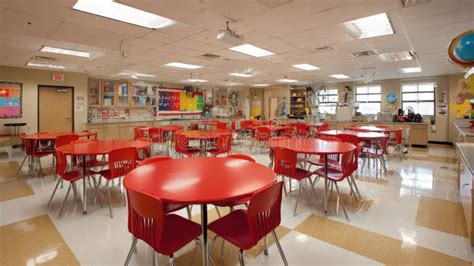 Generative Ai Bright Elementary School Classroom With Round Tables