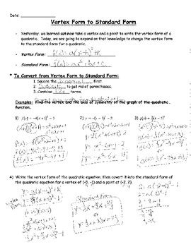 Quadratic Equations Vertex Form To Standard Form Notes TPT