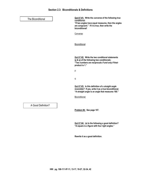 Biconditionals Definitions Geometry Worksheet