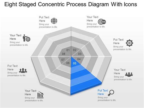 Eight Staged Concentric Process Diagram With Icons Powerpoint Template Slide PowerPoint