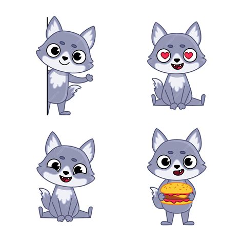 만화 늑대 캐릭터 인사말 미소 눈에 하트를 들고 앉아 햄버거를 먹는 세트 프리미엄 벡터