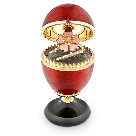 Fabergé X Gemfields 18k Yellow Gold Red Guilloché Enamel Egg Objet With Wild Rose Surprise