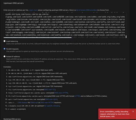 Error Control Dns Config Decoding Request Attempted To Read More Than 65536 Bytes 400