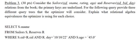 solved problem 3 30 pts consider the sailors sid sname