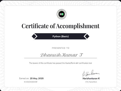 Earned Python Basic Certification From Hackerrank Dhanush Kumar T Posted On The Topic Linkedin
