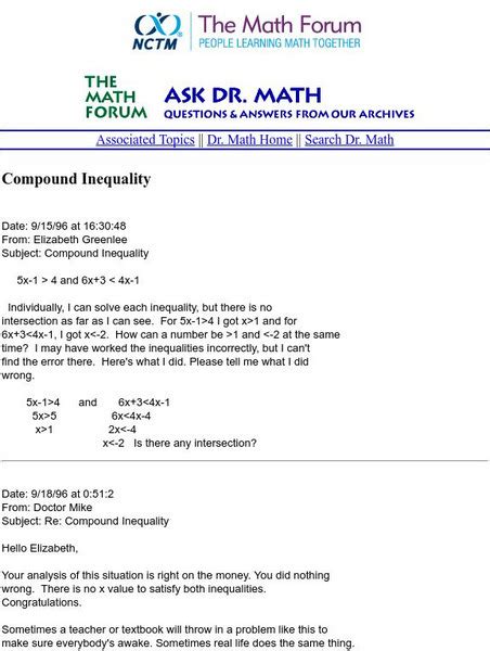 The Math Forum Ask Dr Math Compound Inequality No Intersection
