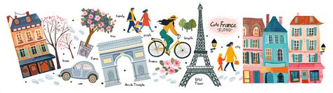 프랑스와 파리 에펠 탑 골목길 거리 집 공원 자전거 개선문 자동차 사람들 가족 카드 포스터 또는 배경에 대한 여자의 벡터 귀여운